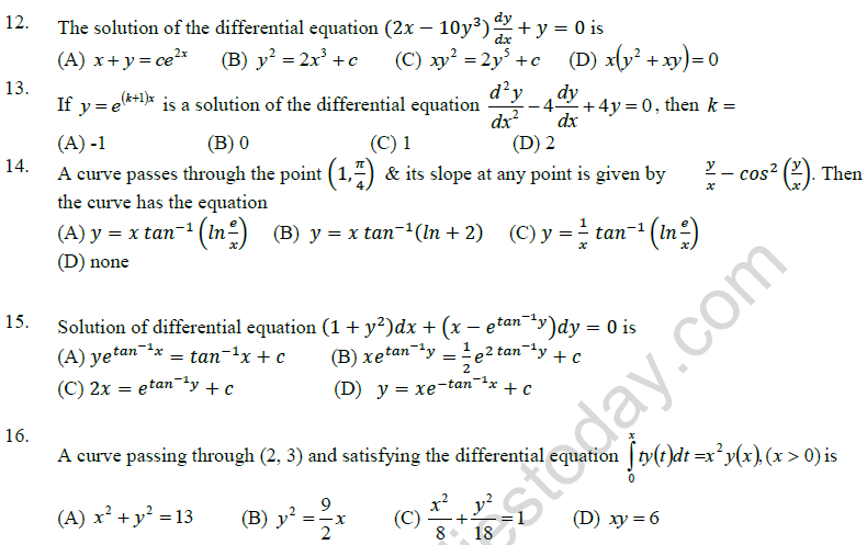 JEE Mathematics Differential Equations MCQs Set C with Answers